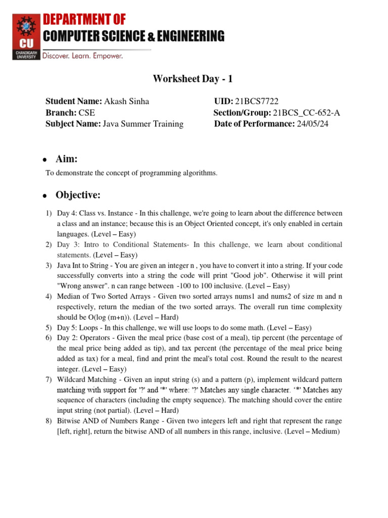 Java Summer Training Worksheet Day 1 | PDF | String (Computer Science) | Control Flow