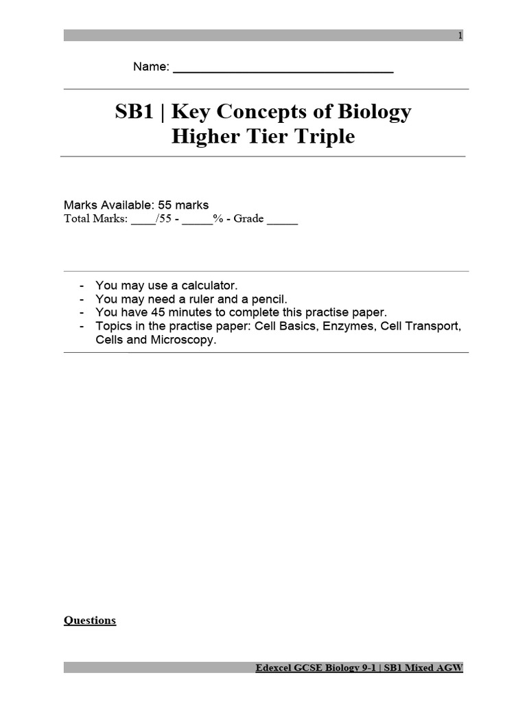 SB1 - Key Concepts of Biology - Edexcel Practice Paper | PDF | Cell (Biology) | Osmosis