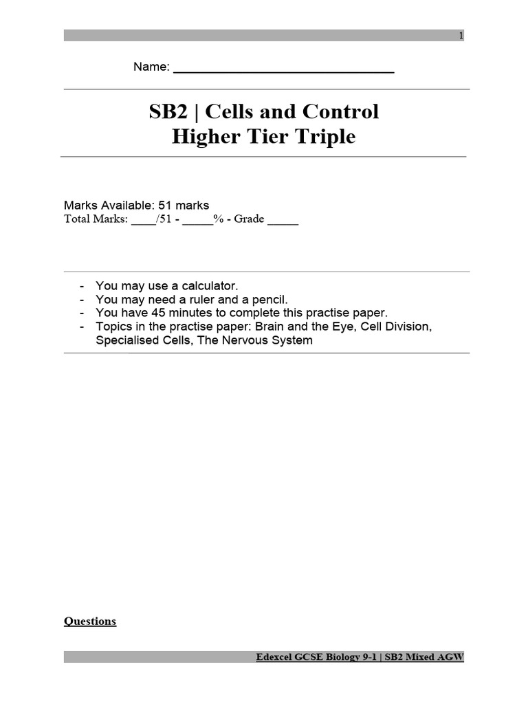 SB2 - Cells & Control - Edexcel Practice Paper | PDF | Eye | Neuron