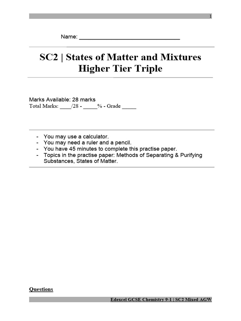 SC2 - States of Matter & Mixtures - Edexcel Practice Paper | PDF ...