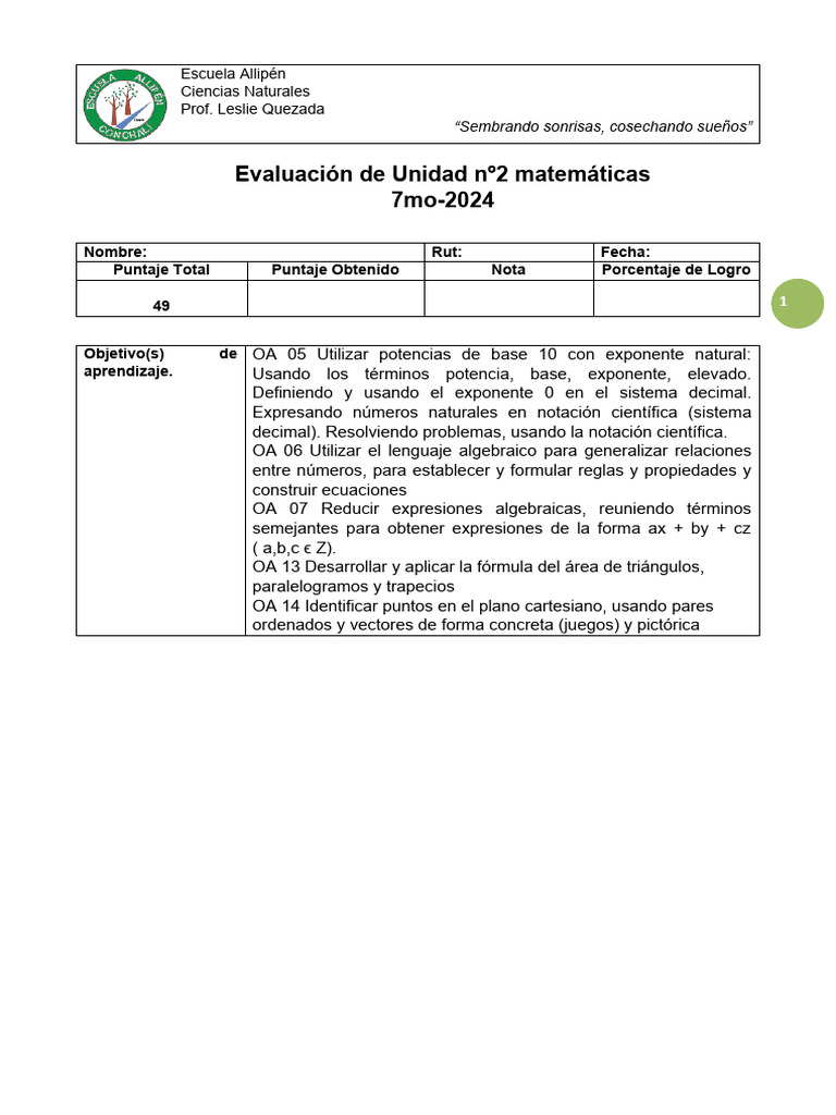 Evaluación Matemáticas 7mo Grado 2024 | PDF | Exponenciación | Sustracción