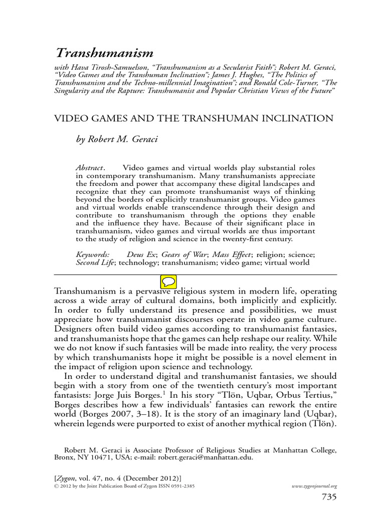 Video Games and The Transhuman Inclinati | PDF | Transhumanism | Second ...