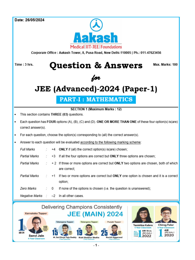 Qs & Ans - JEE (Advanced) - 2024 - Paper-1 | PDF | Force | Temperature