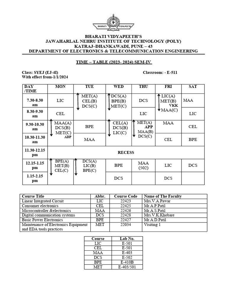Time Table 2023-24 Even Sem | PDF | Digital Electronics | Electricity