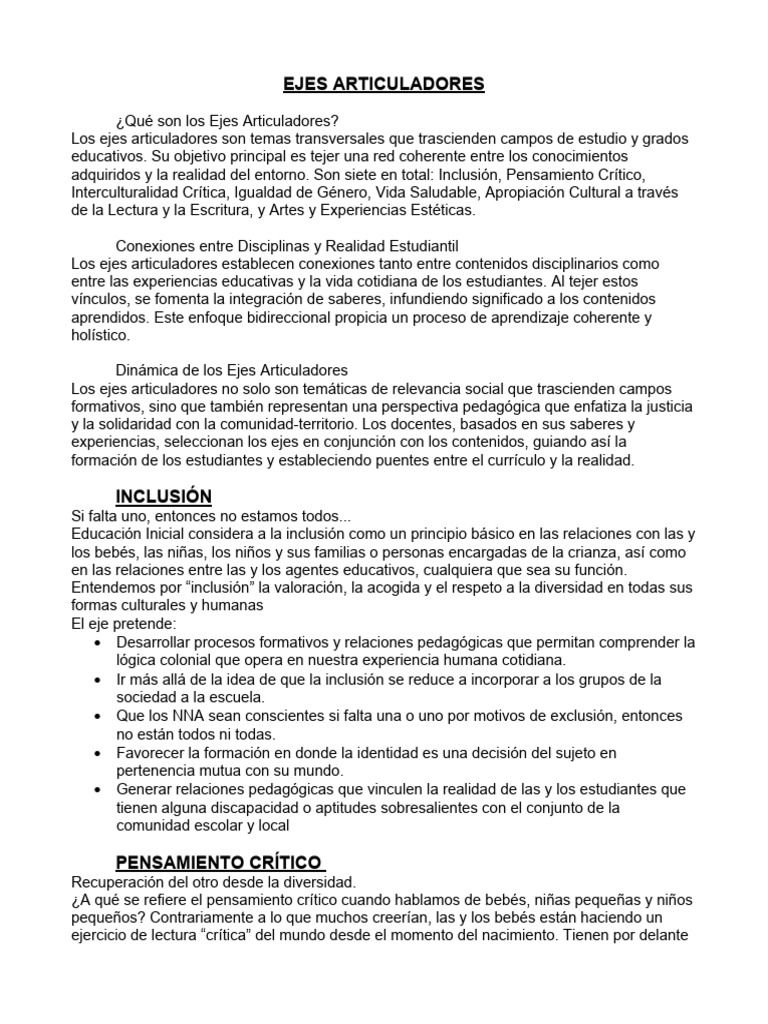 EJES ARTICULADORES | PDF | Inclusión (Educación) | Educación de la ...