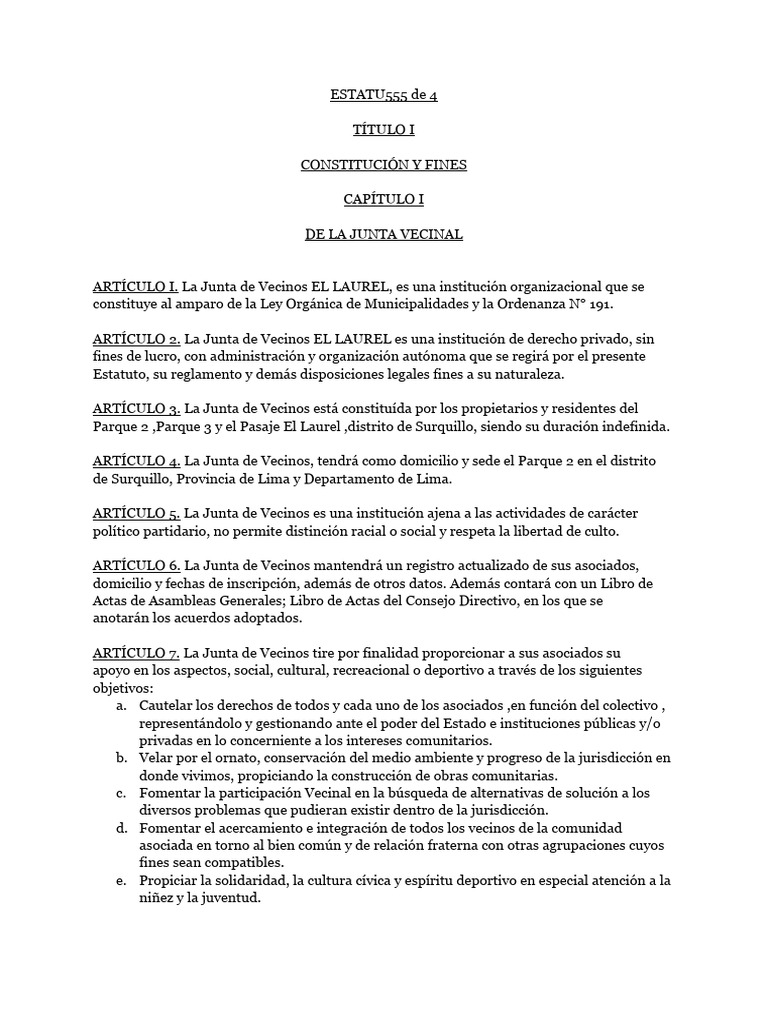 Estatuto de la Junta Vecinal El Laurel | PDF | Presupuesto | Junta Directiva