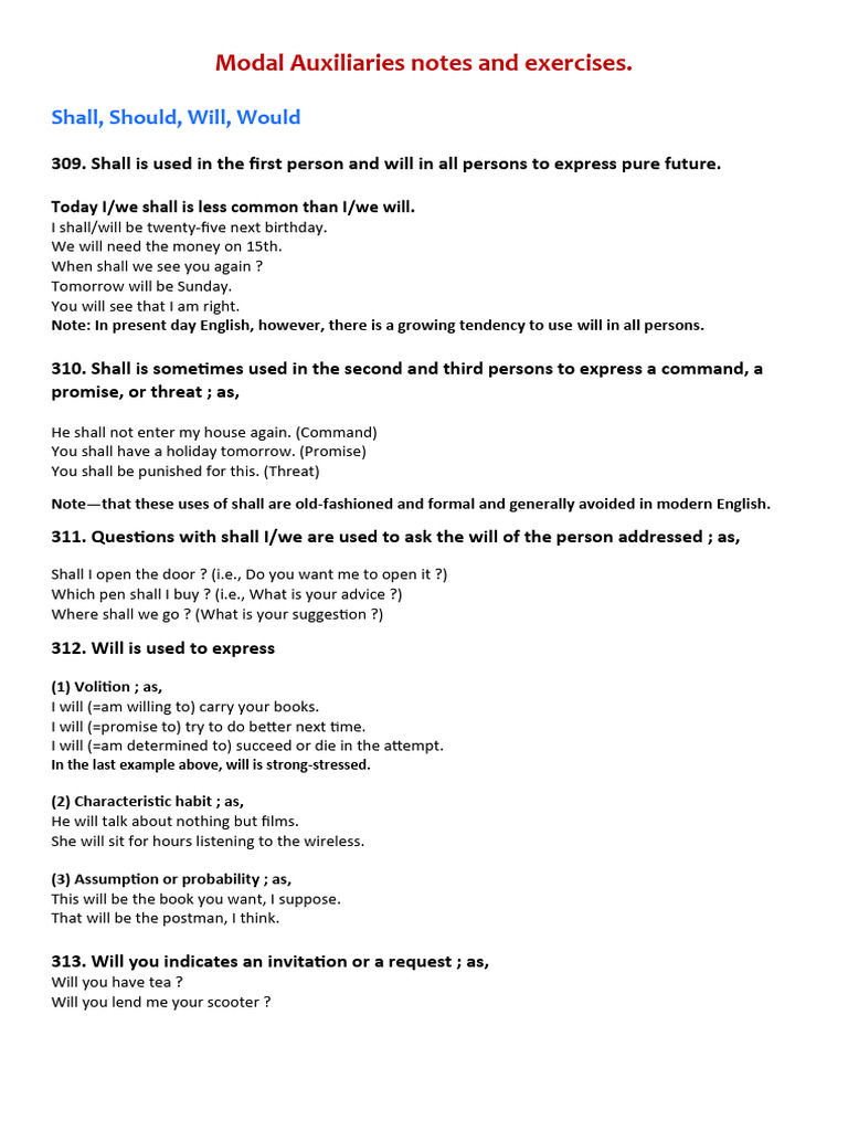 Modal Auxiliaries Notes and Exercises. | PDF | Grammar | Linguistic ...
