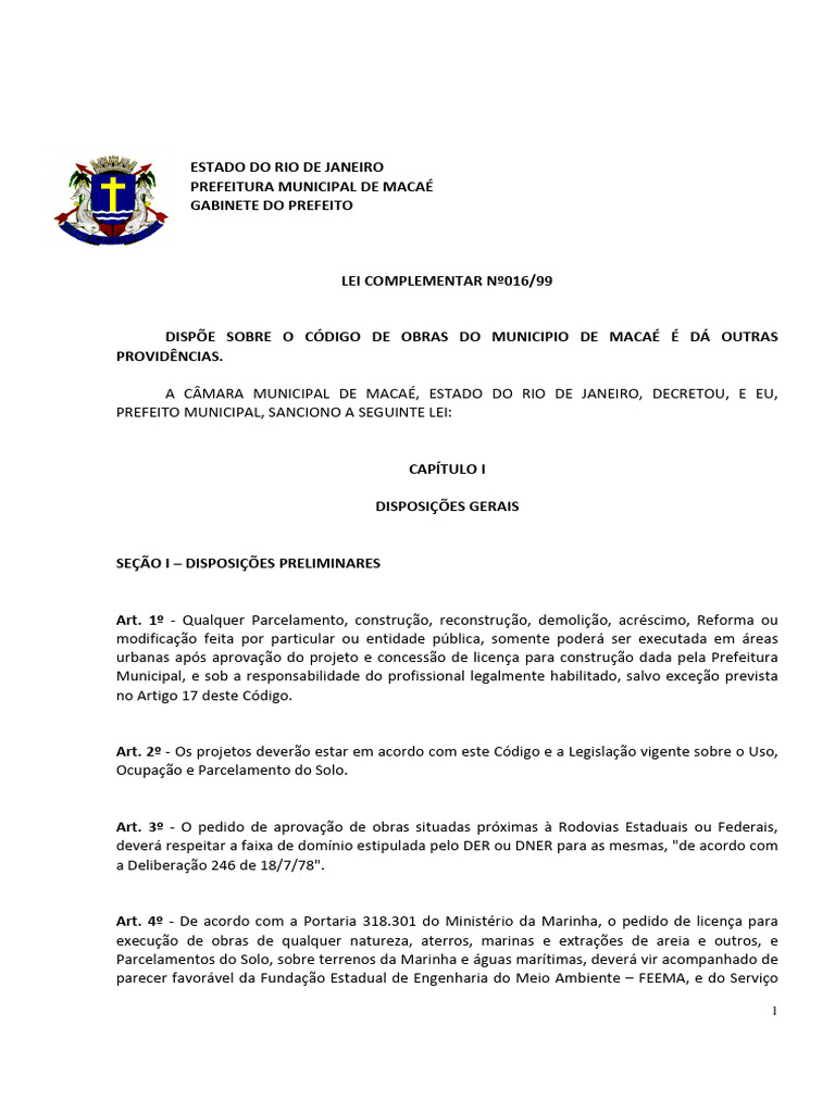 Lei Municipal Complementar # - 016 de 1999 - Código de Obras de Macaé | PDF | Tanque séptico ...