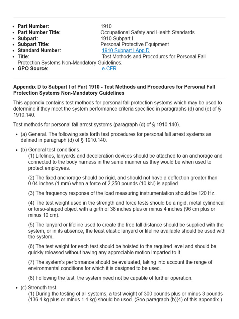 OSHA 1910 Subpart I App D - Test Methods and Procedures for Personal ... OSHA 1910 Subpart I App D - Test Methods and Procedures for Personal ...