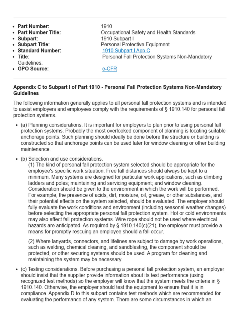 OSHA 1910 Subpart I App C - Personal Fall Protection Systems Non ...