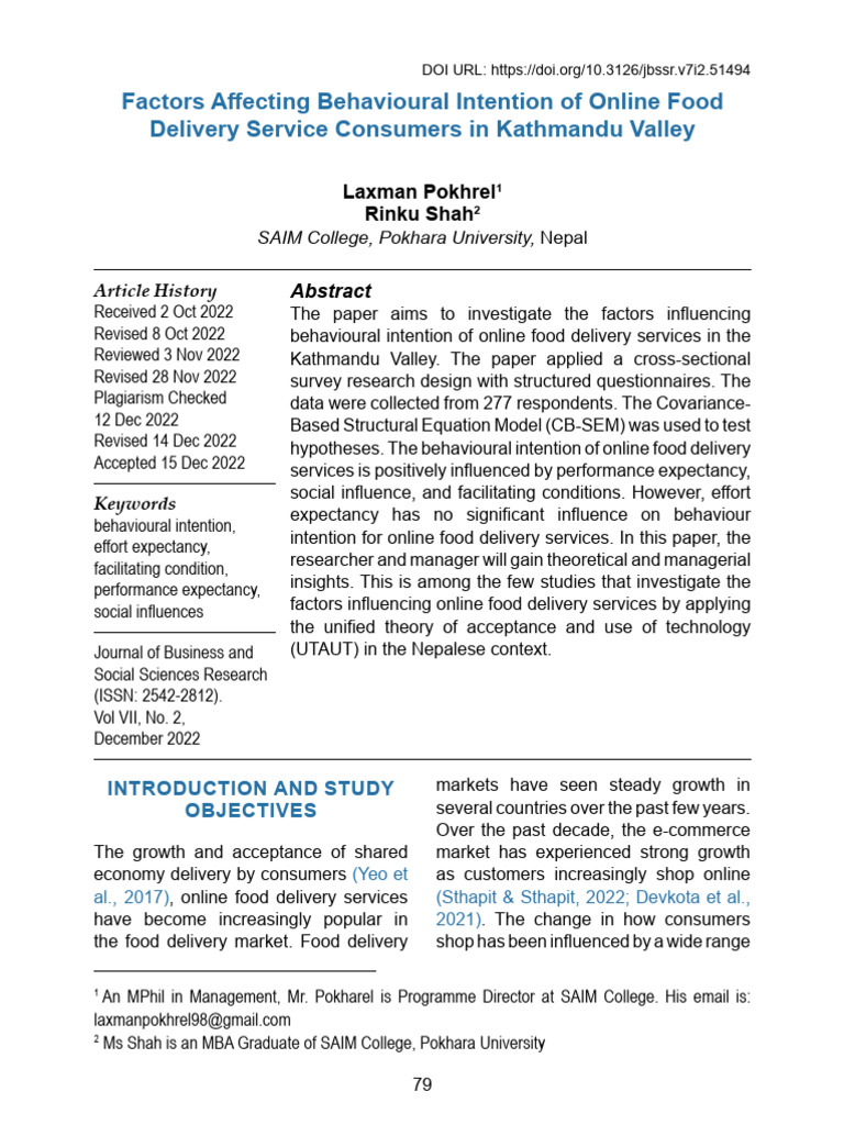 Factor affecting behavioral impact on online food delivery service consumers in Kathmandu | PDF ...