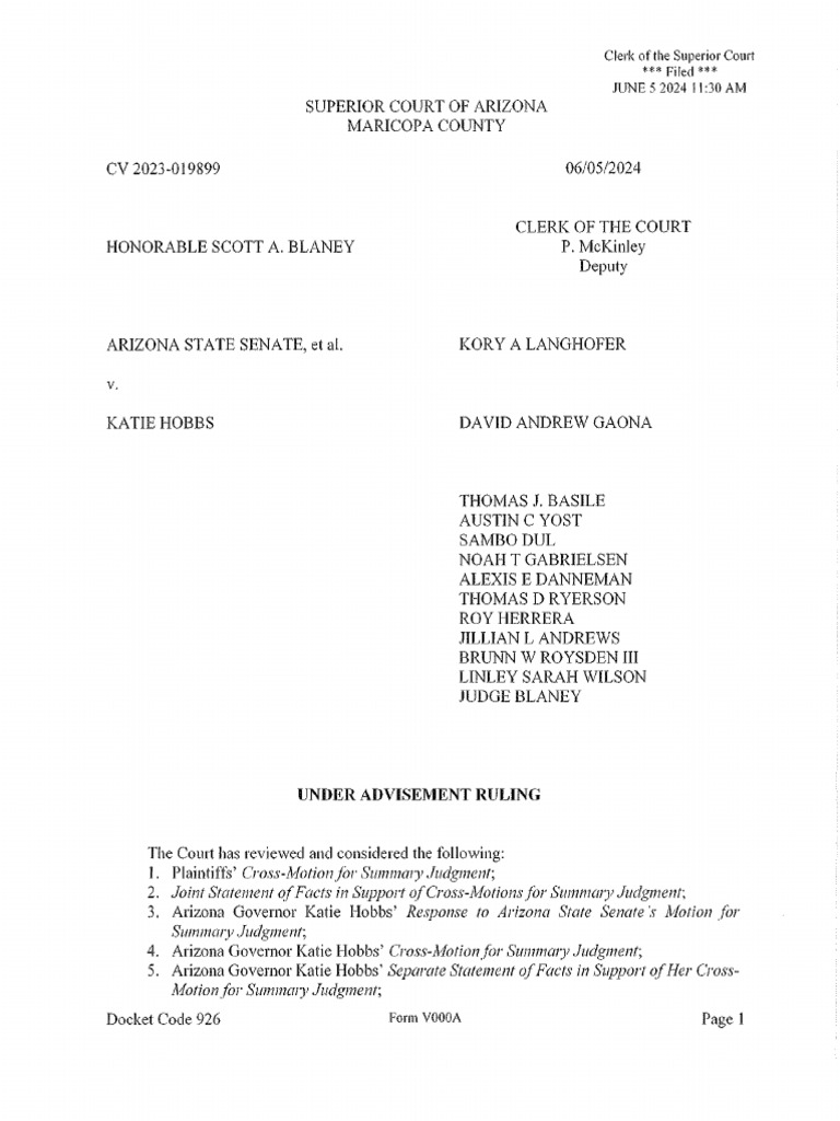 Under Advisement Ruling - Arizona State Senate V Katie Hobbs | PDF