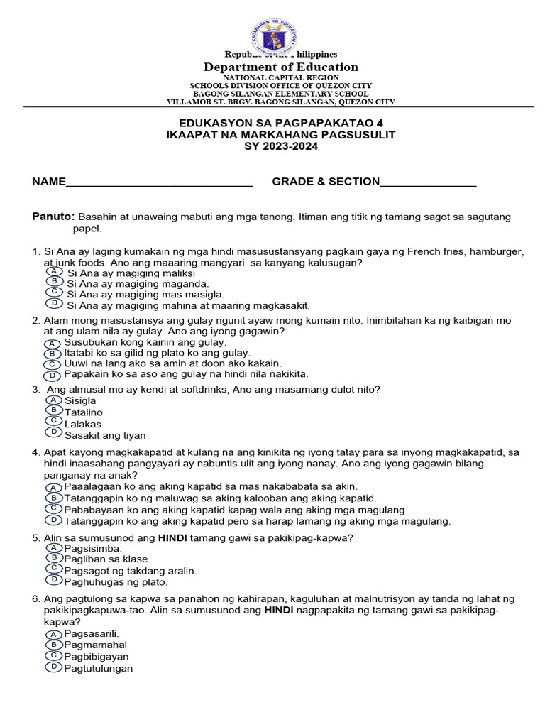 ESP4 PERIODICAL TEST Q4 MELC BASED Final | PDF
