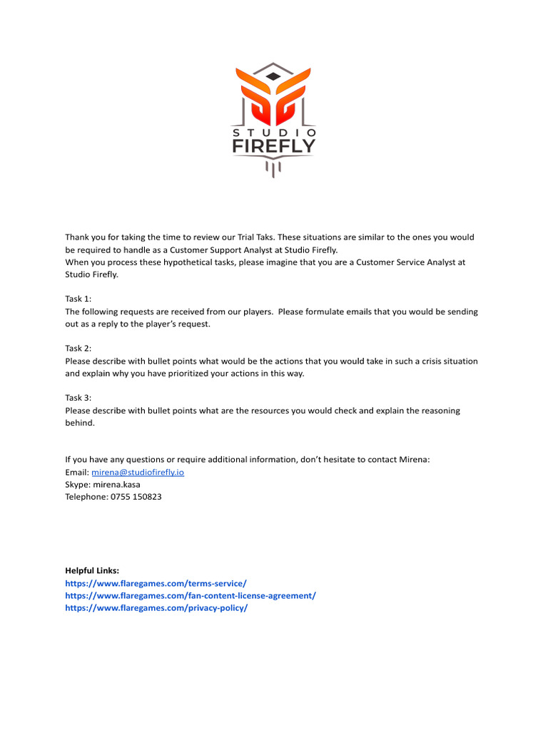 Studio Firefly CSA Trial Tasks 2021 | PDF