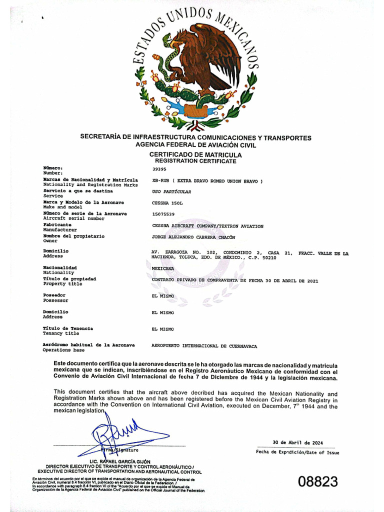 Certificado de Matrícula XB RUB JORGE ALEJANDRO CABRERA CHACÓN (1) (2 ...