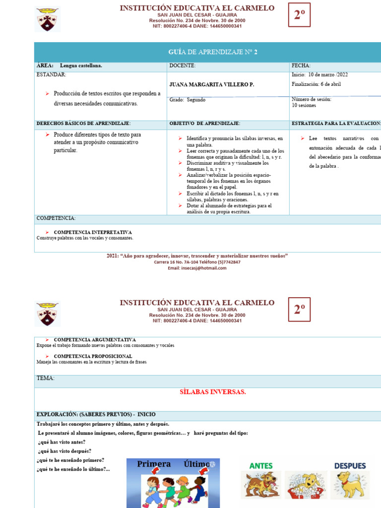 Guia 2 de Aprendizaje Español Segundo Grado.2022 | PDF | Sílaba | Fonética