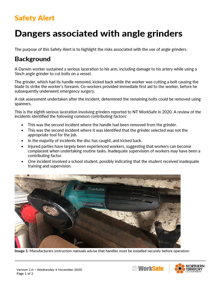 Safety Alert Dangers Associated With Angle Grinders | PDF | First Aid ...