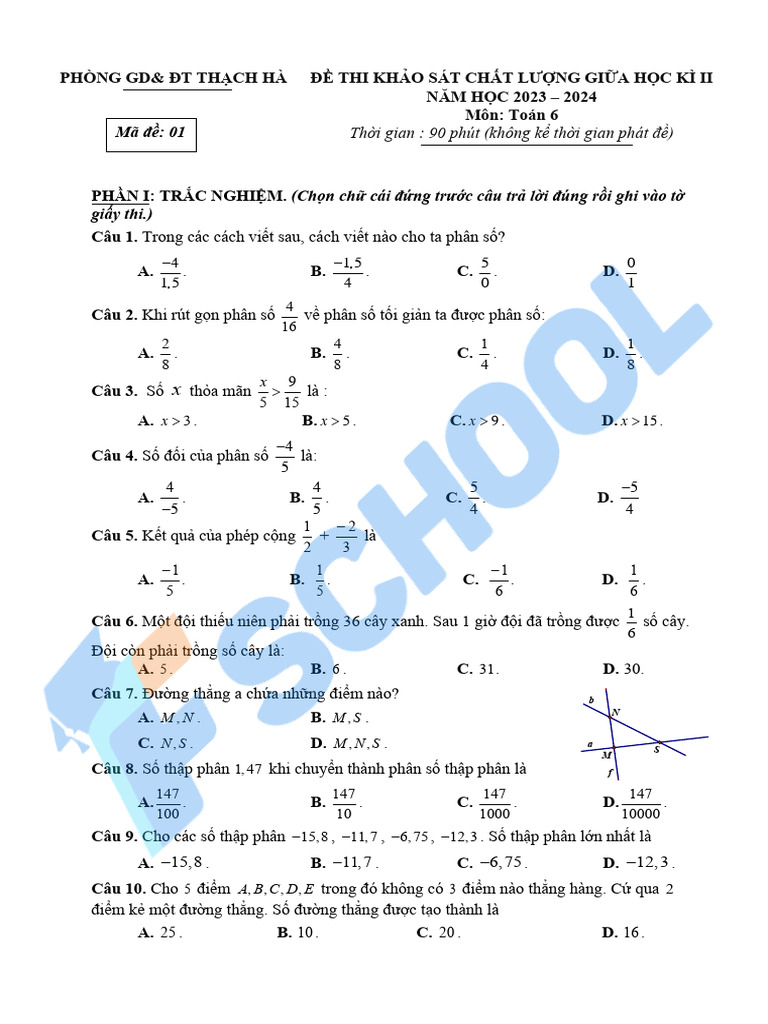 De Kiem Tra Giua Hoc Ki 2 Mon Toan Lop 6 Nam Hoc 2023 2024 Huyen Thach Ha Ha Tinh 275a3fc4c5 | PDF