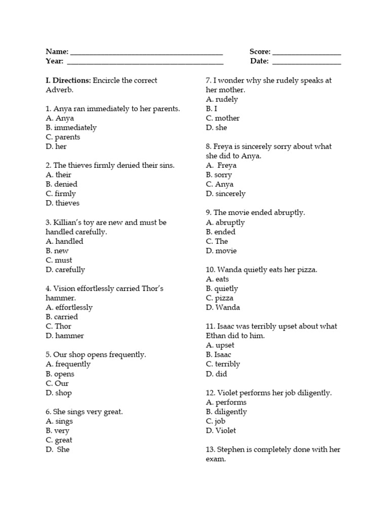 Adverb Identification and Usage Test | PDF | Adverb