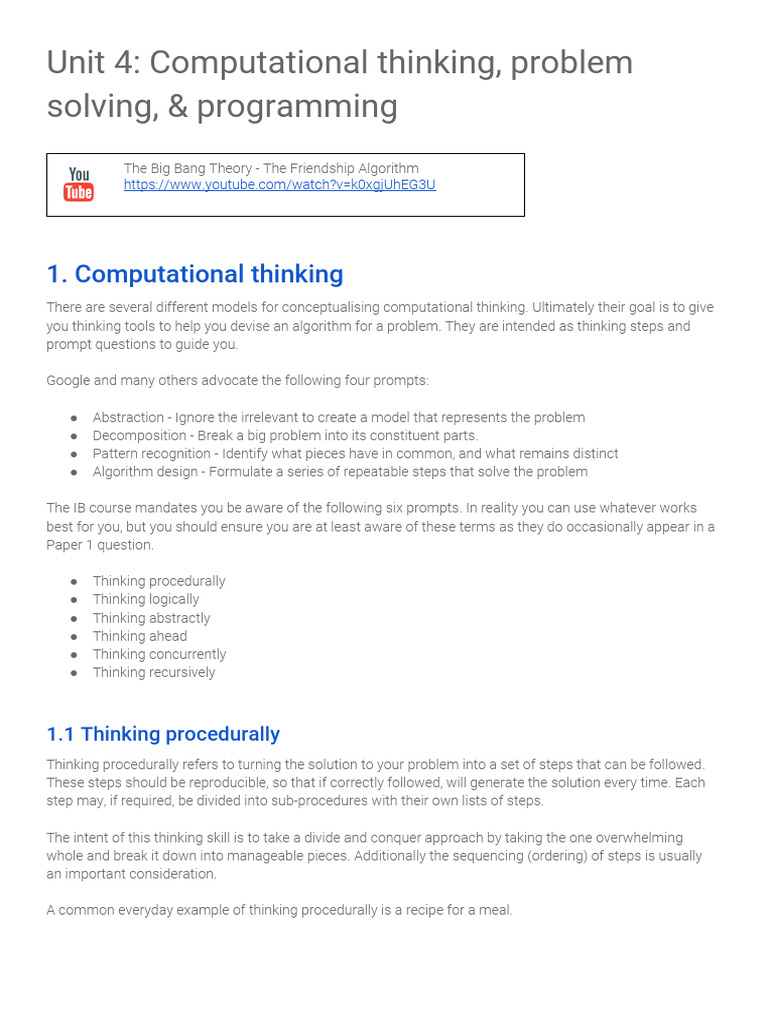 Unit 4 Teaching Notes 2020 | PDF | Algorithms | Thought