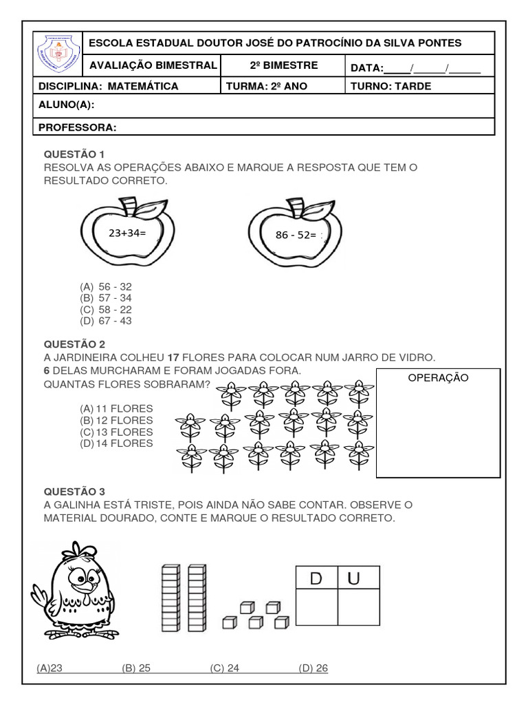 Avaliação De Matemática 2º Ano Pdf