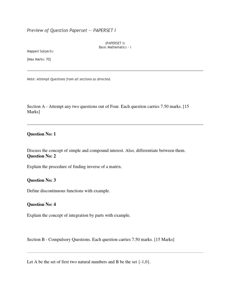 Basic Mathematics - 1 - Sample QP | Download Free PDF | Matrix (Mathematics) | Functions And ...