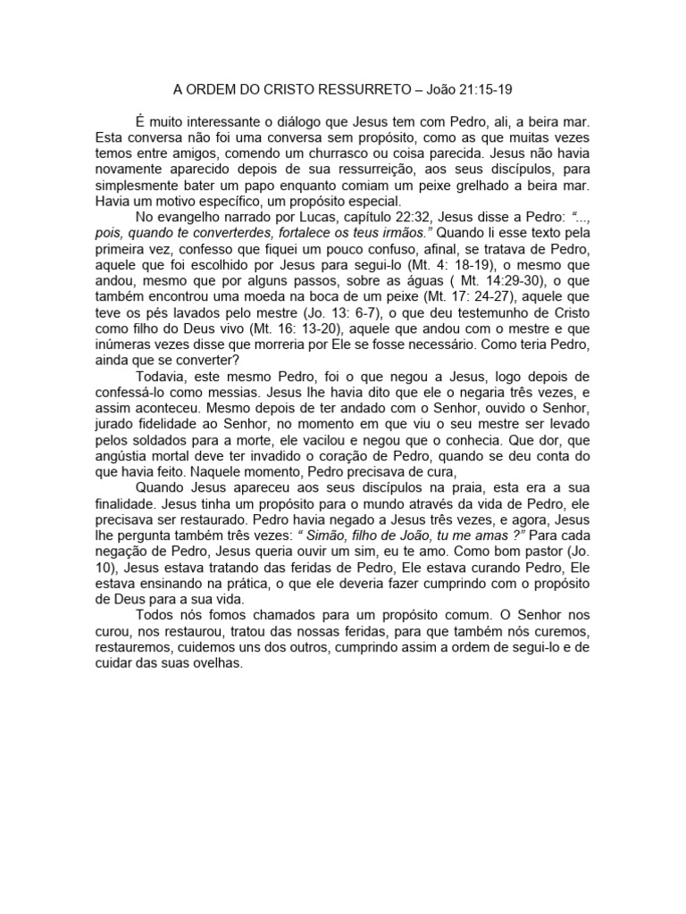Pastoral - A ORDEM DO CRISTO RESSURRETO Jo. 21 15 - 19 | PDF | São ...
