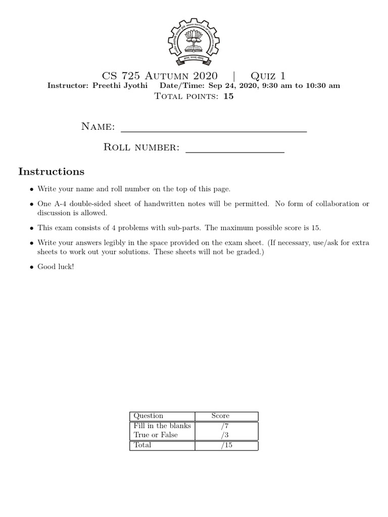 CS725 2020 Quiz1 | PDF | Logistic Regression | Poisson Distribution