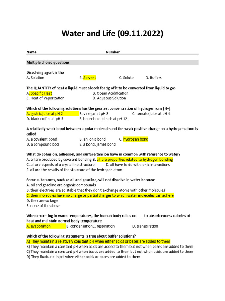 Water Properties and Hydrophobicity Quiz | PDF | Chemical Bond ...