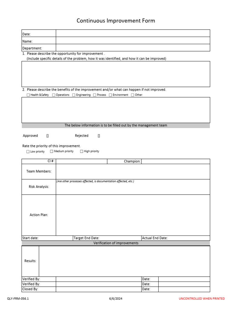 QLY-FRM-056.1 - Continuous Improvement Form Sample | PDF