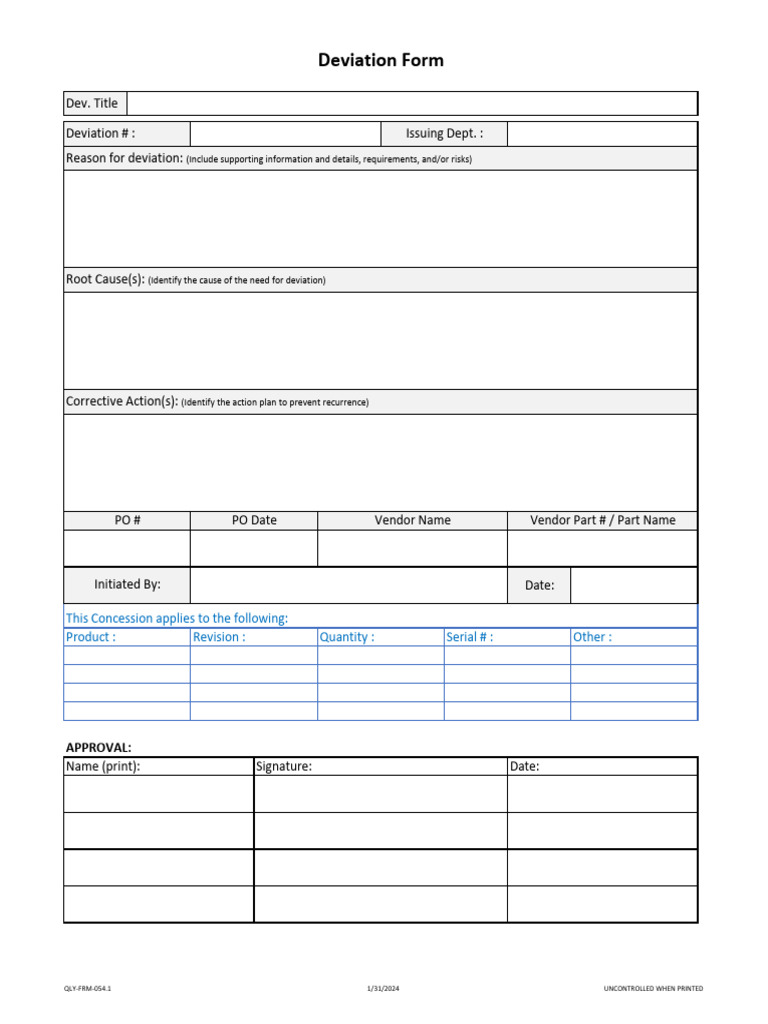 QLY-FRM-054.1 - Deviation Form Sample | PDF