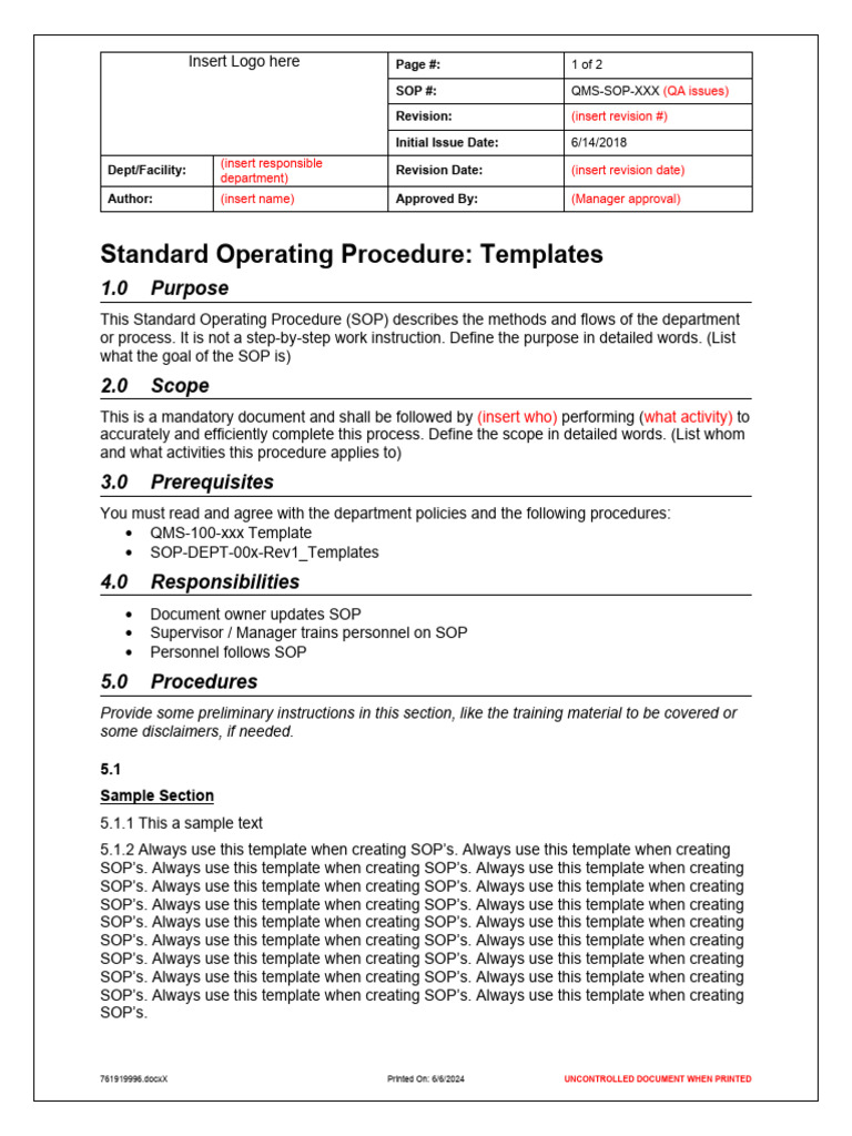 QMS-SOP-XXX.X - SOP Template Sample | PDF