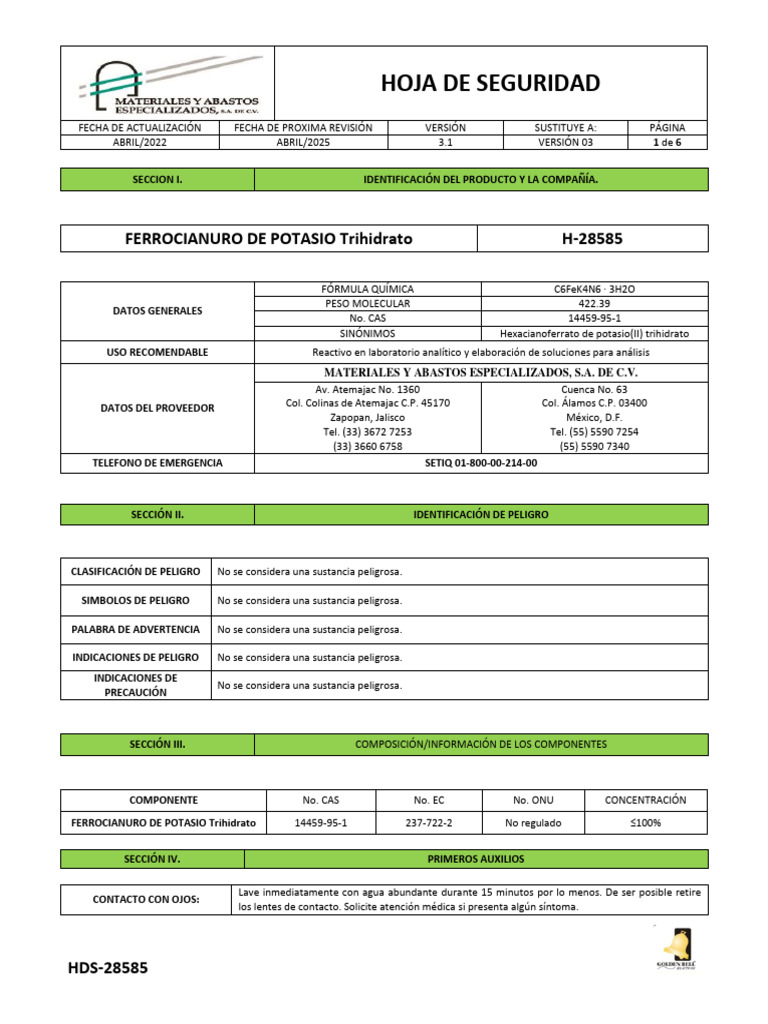 Hoja de Seguridad: Ferrocianuro de Potasio | PDF | Agua ...