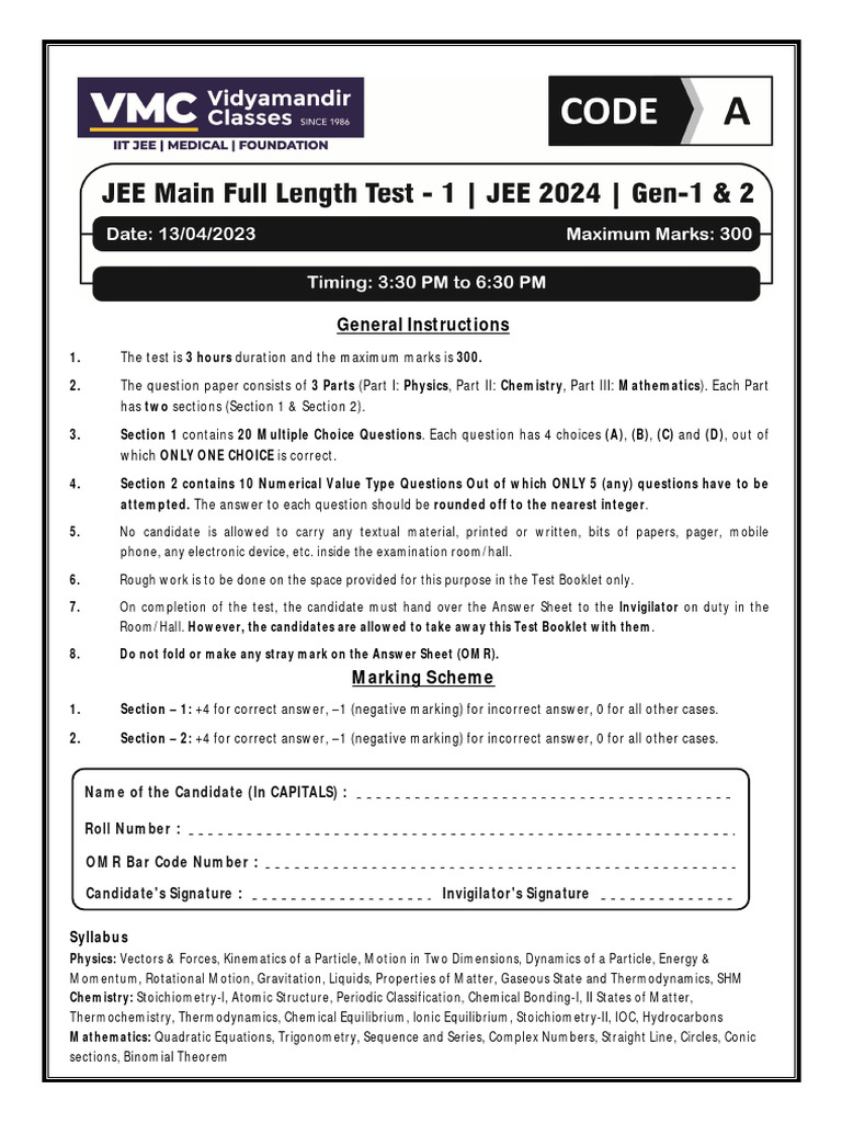 JEE Main Full Length Test (Gen 1 and 2) - Paper | PDF | Intermolecular ...