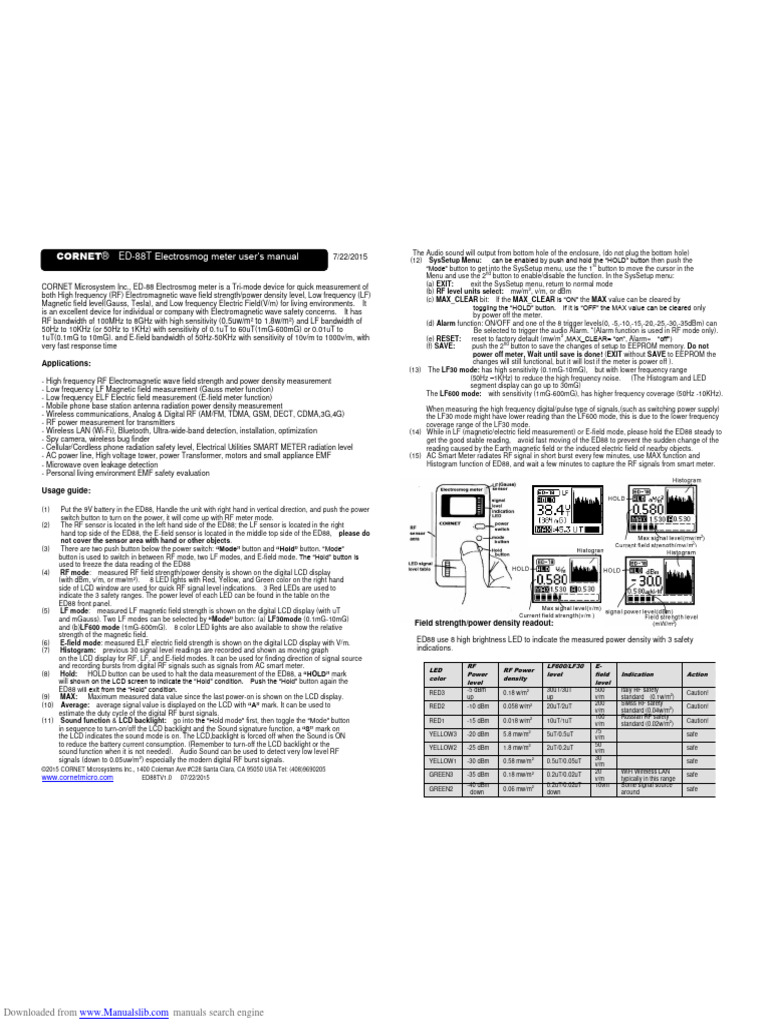 CORNET® ED-88T Electrosmog Meter User's Manual: Applications | Download ...