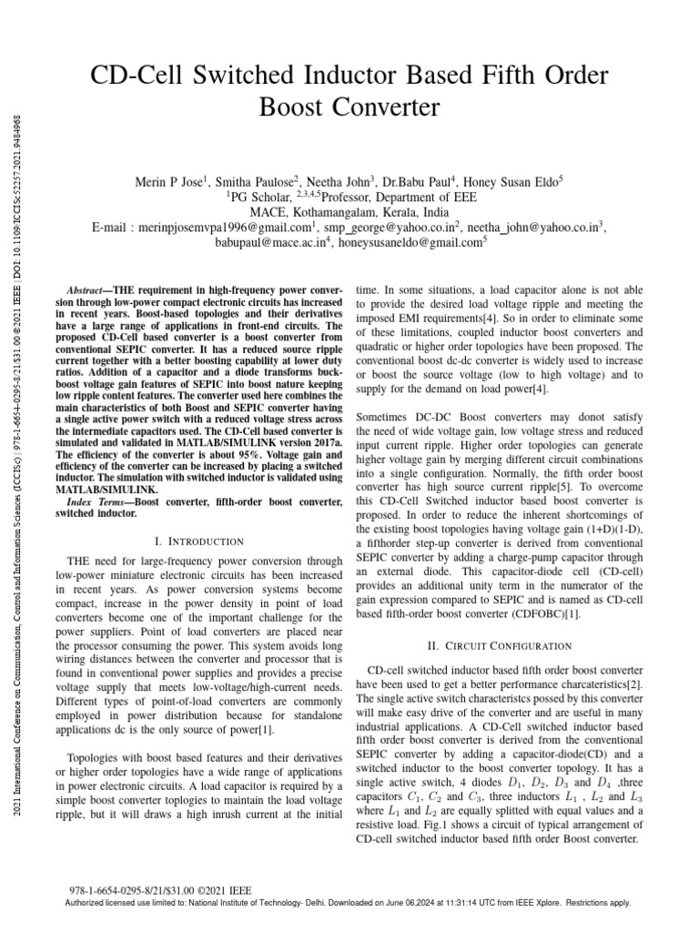 CD-Cell Switched Inductor Based Fifth Order Boost Converter | PDF ...