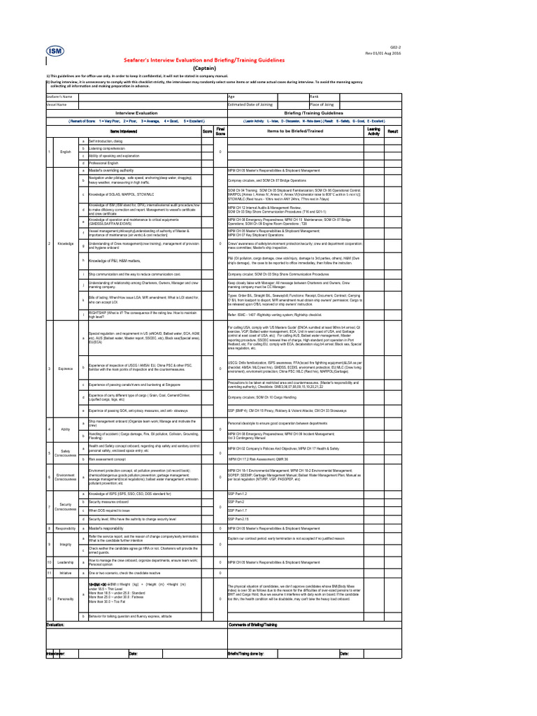 G02-2 Seafarers Interview Evaluation and BriefingTraining Guidelines | PDF