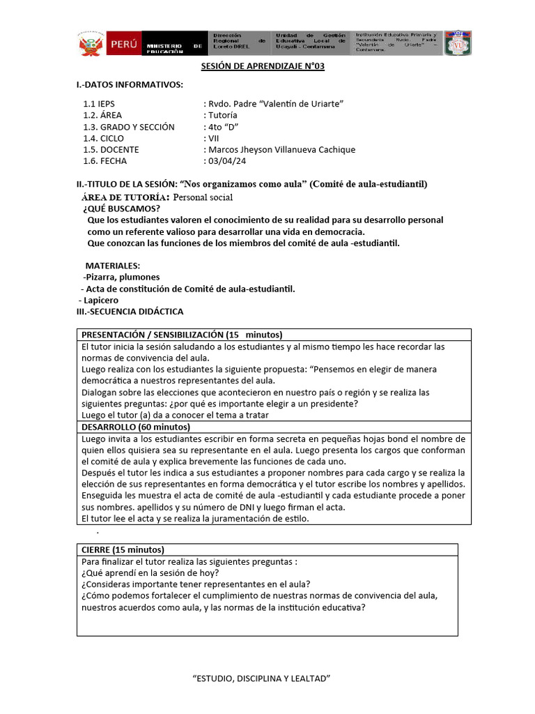 Sesión de Aprendizaje N°03-Todos Los Grados | Descargar gratis PDF | Salón de clases ...