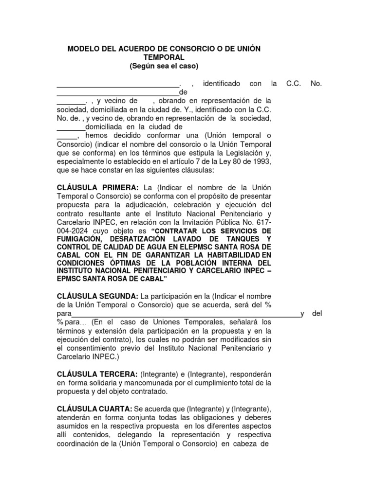 Modelo Del Acuerdo de Consorcio o de Unión Temporal | PDF | Ciencias ...