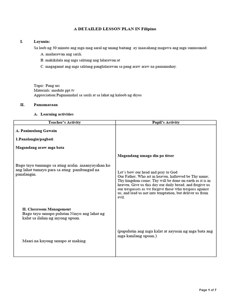 A Detailed Lesson Plan in Filipino: I. Layunin | PDF