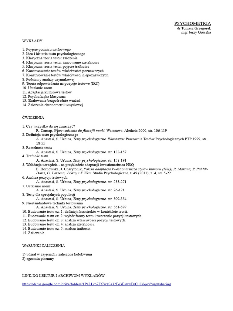 Psychometria ST - Sylabus | PDF