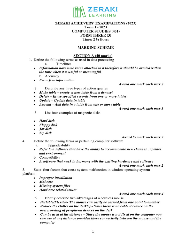 Computer Studies - Computer Form 3 - Marking Scheme-1 | Download Free ...
