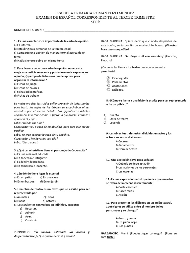 Examen Español 6to B: Tercer Trimestre | PDF | Incendios | Teatro