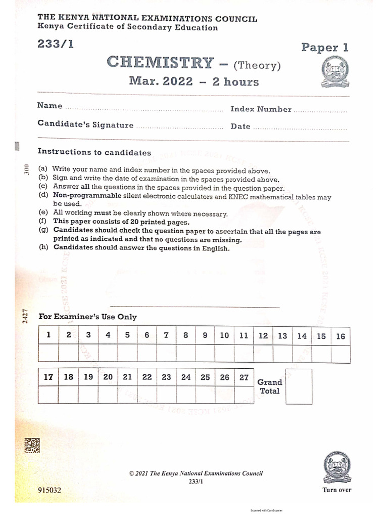 Kcse 2021 Chemistry Paper 1 Qns | PDF