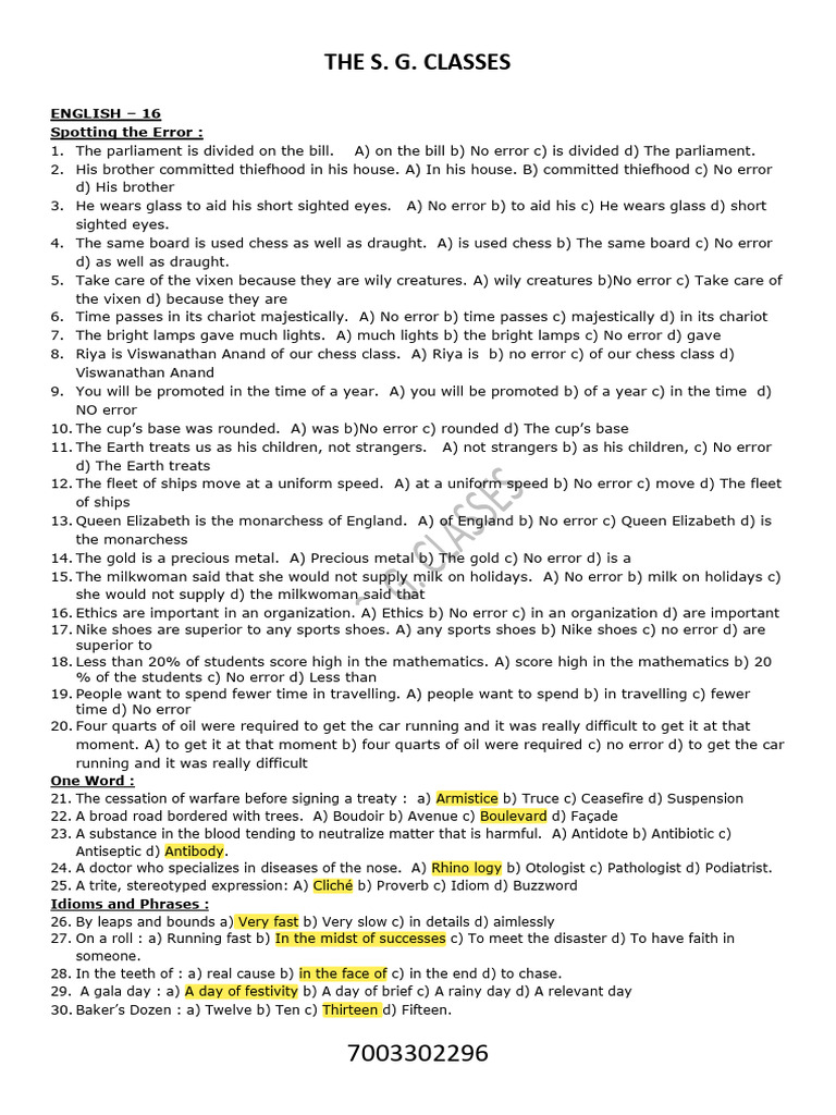 The S. G. Classes: English - 16 Spotting The Error | PDF