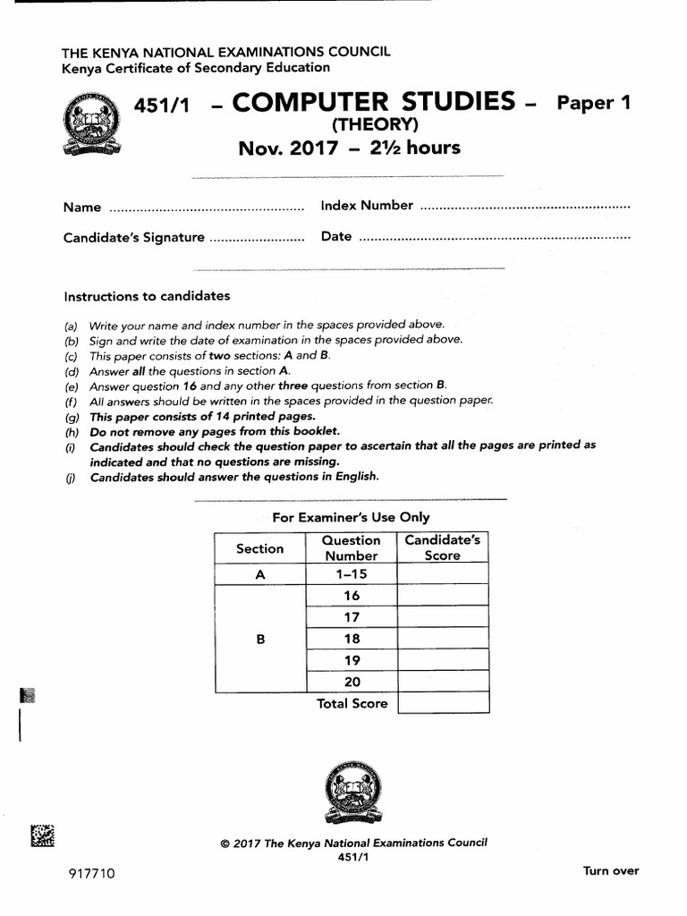 Kcse - 2017 Computer Studies PP1 | PDF