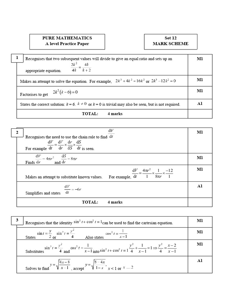9MA0 01 9MA0 02 A Level Pure Mathematics Practice Set 12 Mark Scheme ...