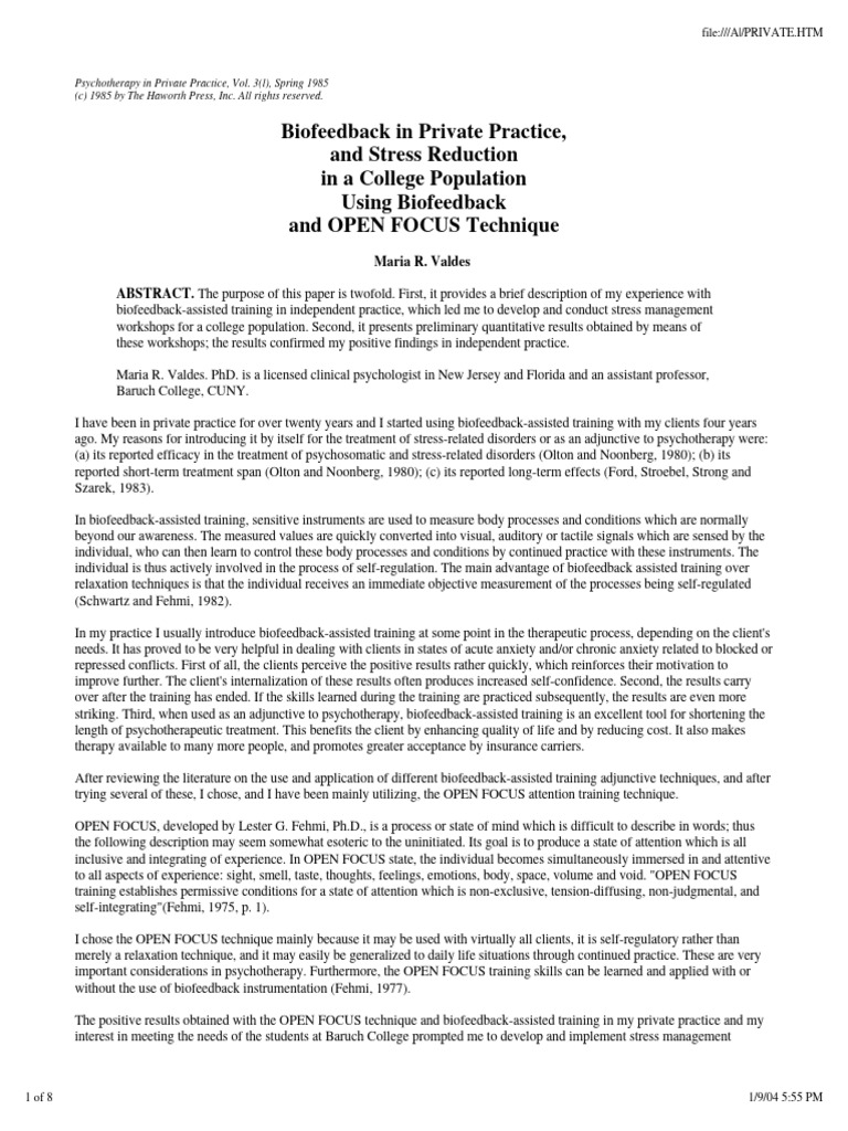 Biofeedback in Private Practice, and Stress Reduction in A College Population Using Biofeedback ...