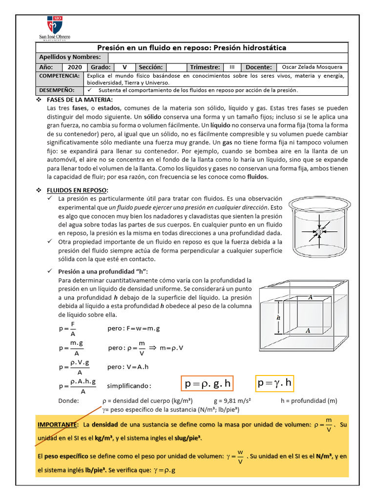 Presión Hidrostática en Fluidos en Reposo | PDF | Presión | Líquidos