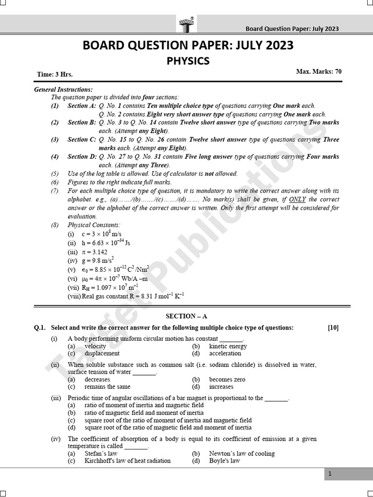 Physics Board Question Paper July 2023 - 64bb959342345 | PDF ...